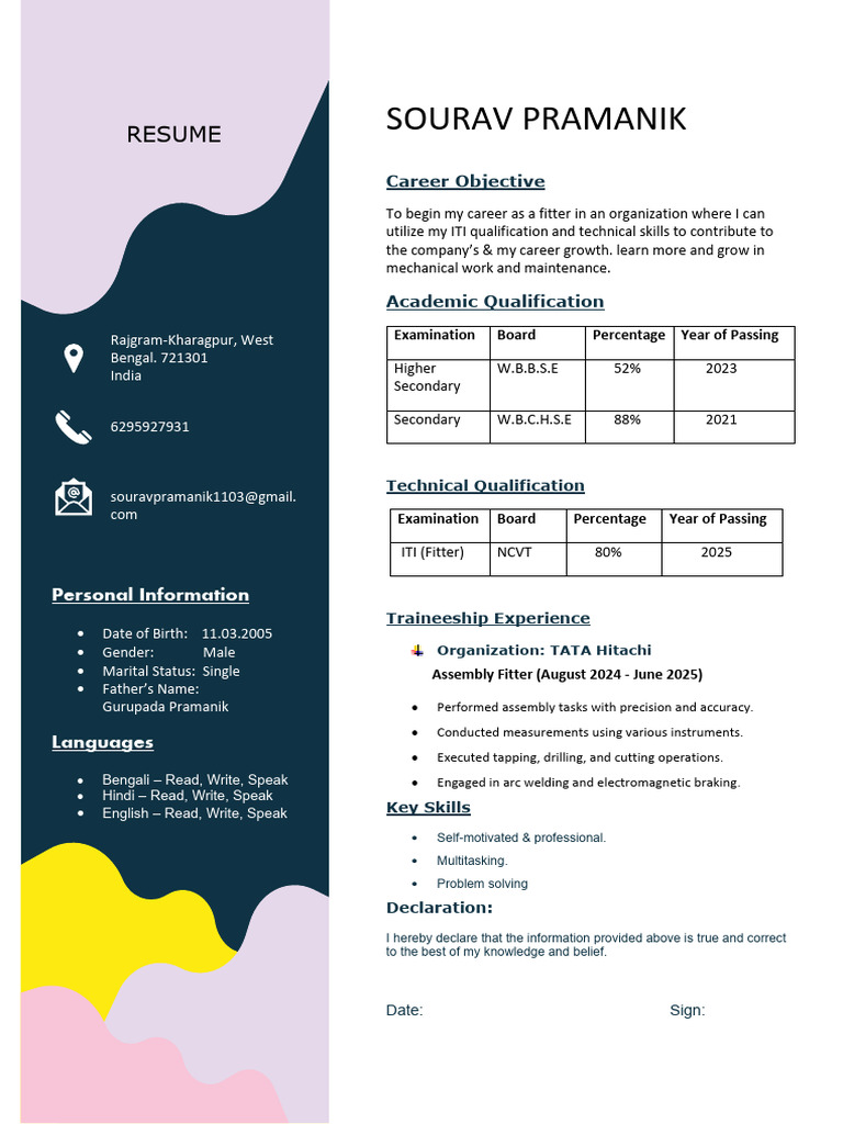 Fitter Resume of Sourav Pramanik | PDF