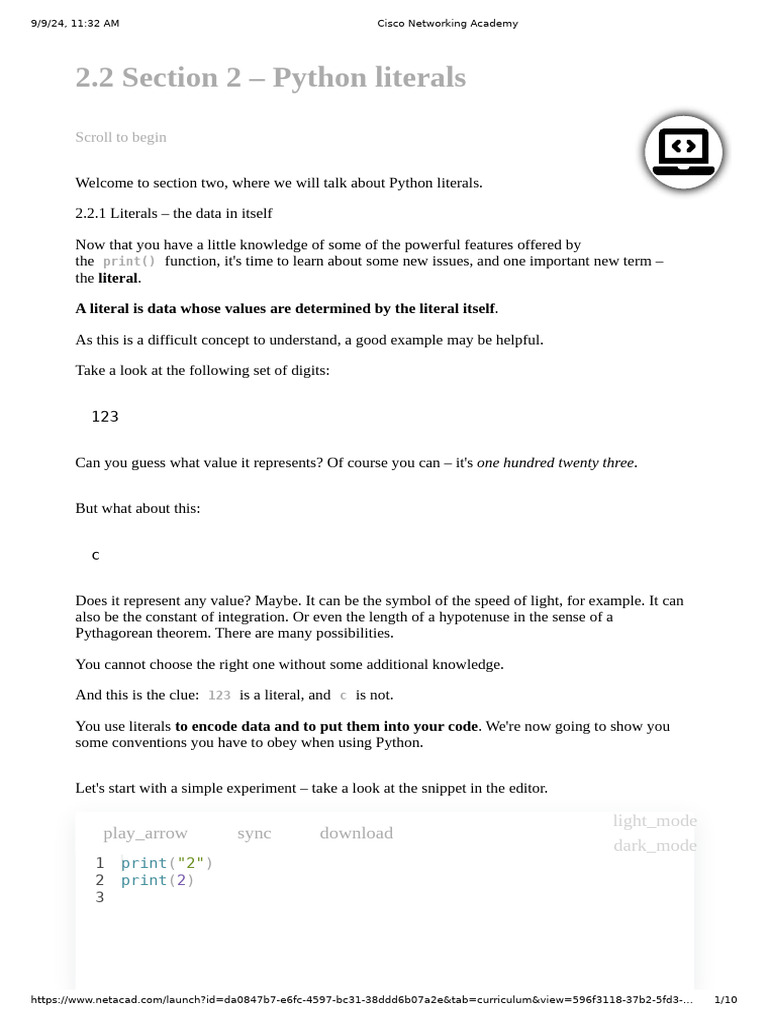 Cisco Networking Academy-Python Literals | PDF | Numbers | Decimal