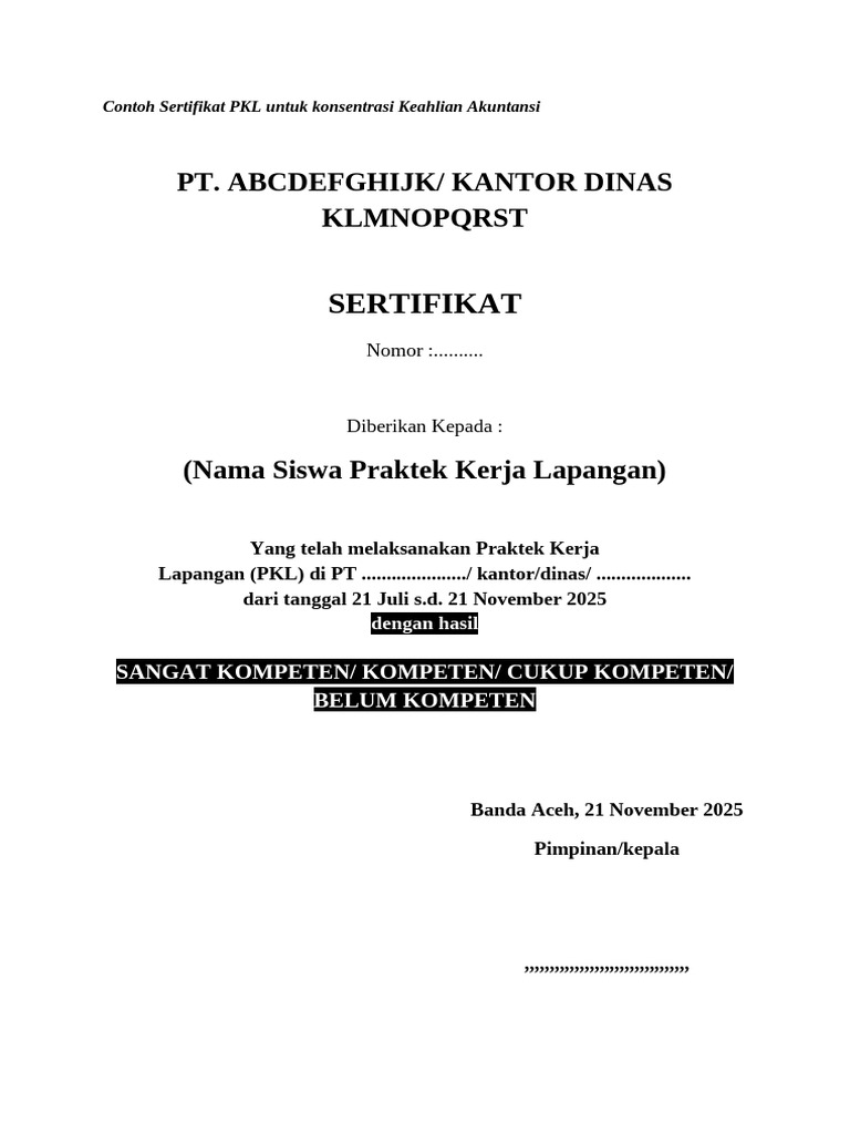 Contoh Sertifikat PKL AKL FINAL | PDF