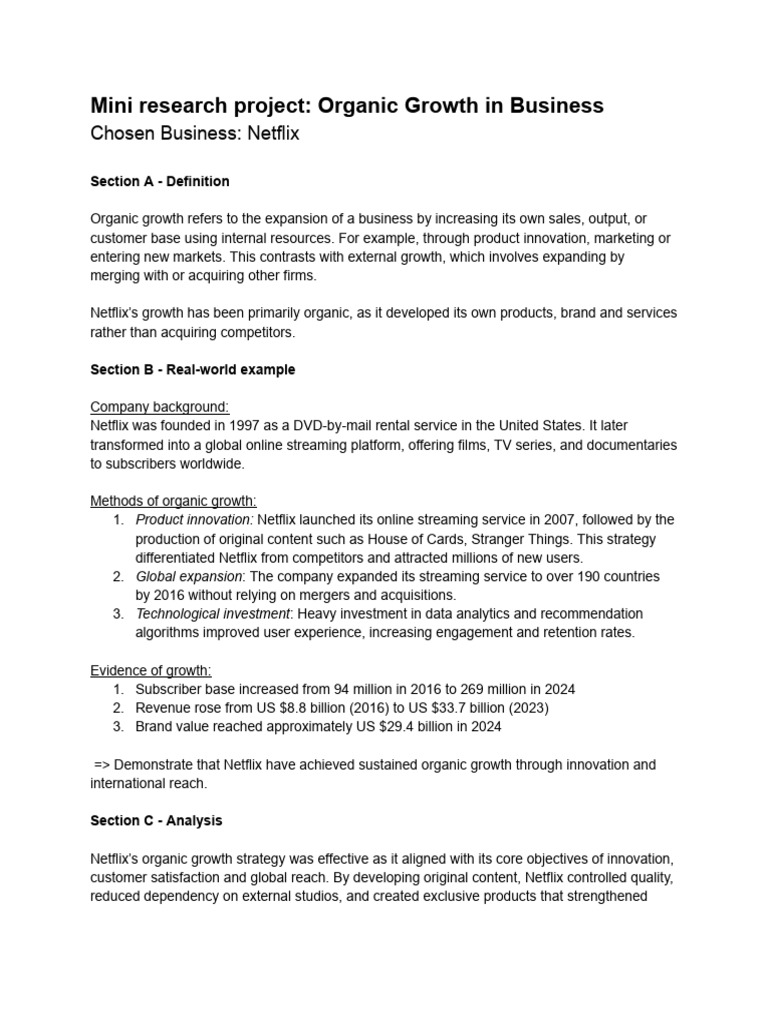 Mini Research Project_ Organic Growth in Business | PDF | Netflix ...