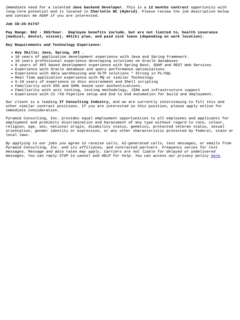Java Backend Developer Contract in NC | PDF