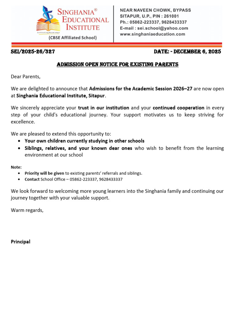 Admission Open Notice For Existing Parents-1 | PDF