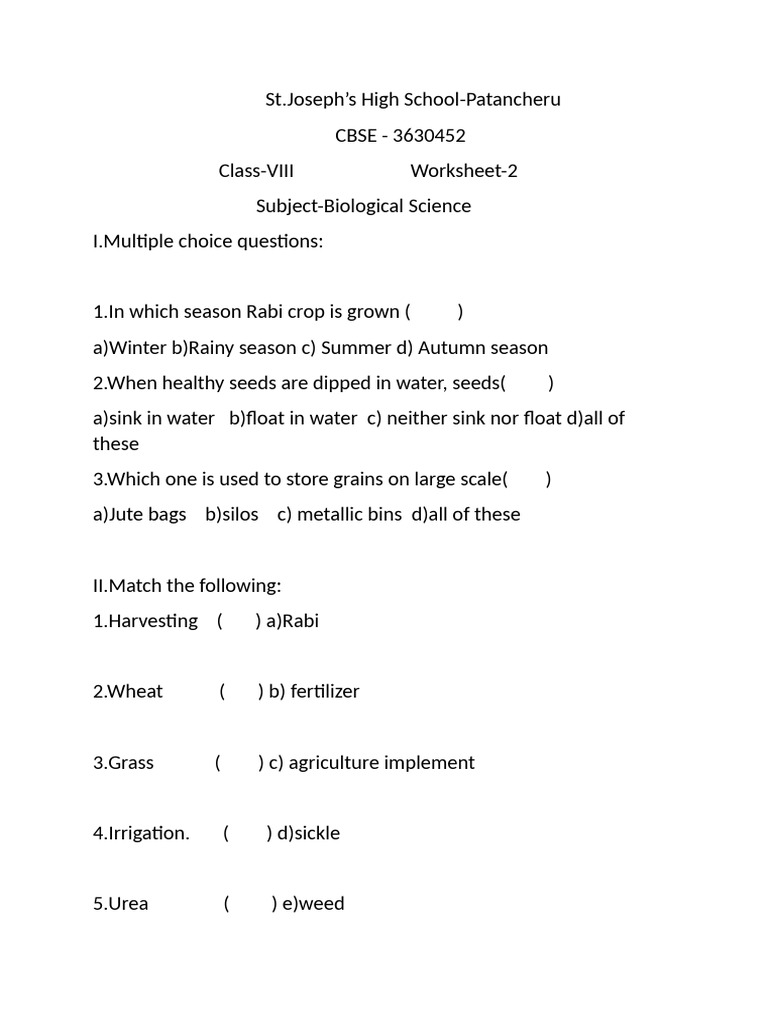 Class VIII Biological Science Worksheet | PDF