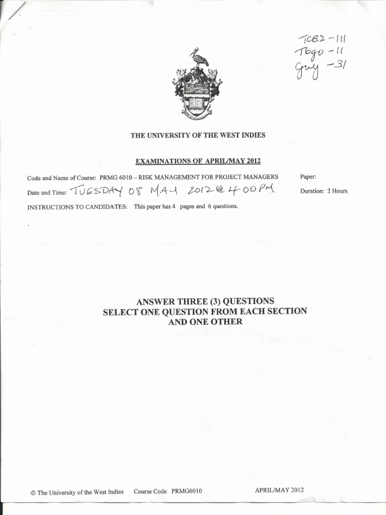 PRMG 6010 - Risk Management For Project Managers Uwi Exam Past Paper ...