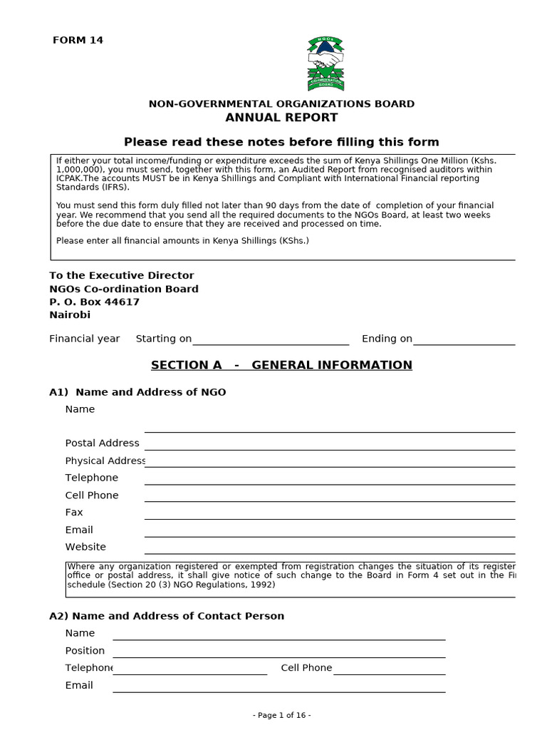 Form 14 Ngo Annual Returns Form 14 | PDF | Non Governmental ...
