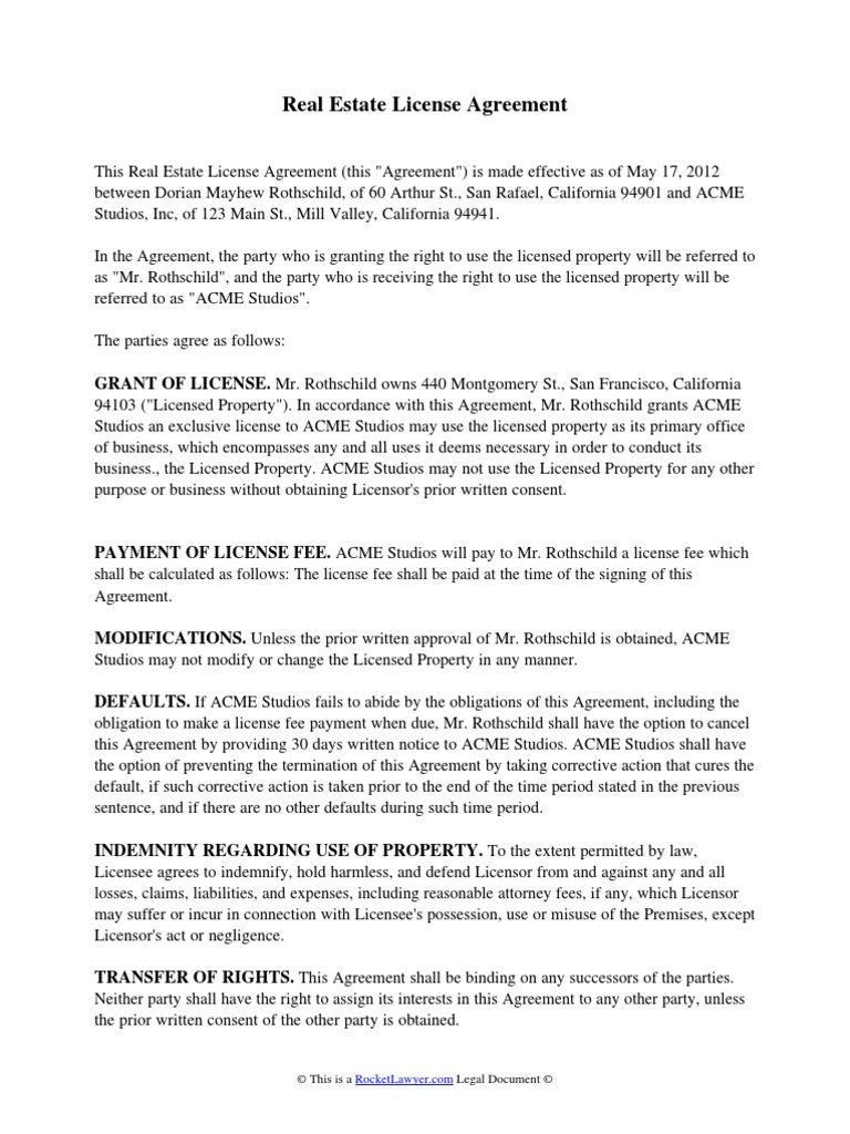 Real Estate License Agreement Template | PDF | Indemnity | License