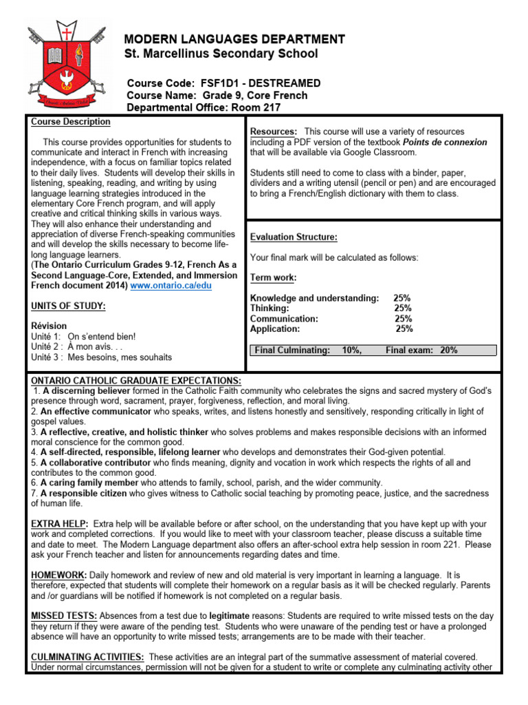 Grade 9 Core French Course Overview | PDF | Plagiarism | Knowledge