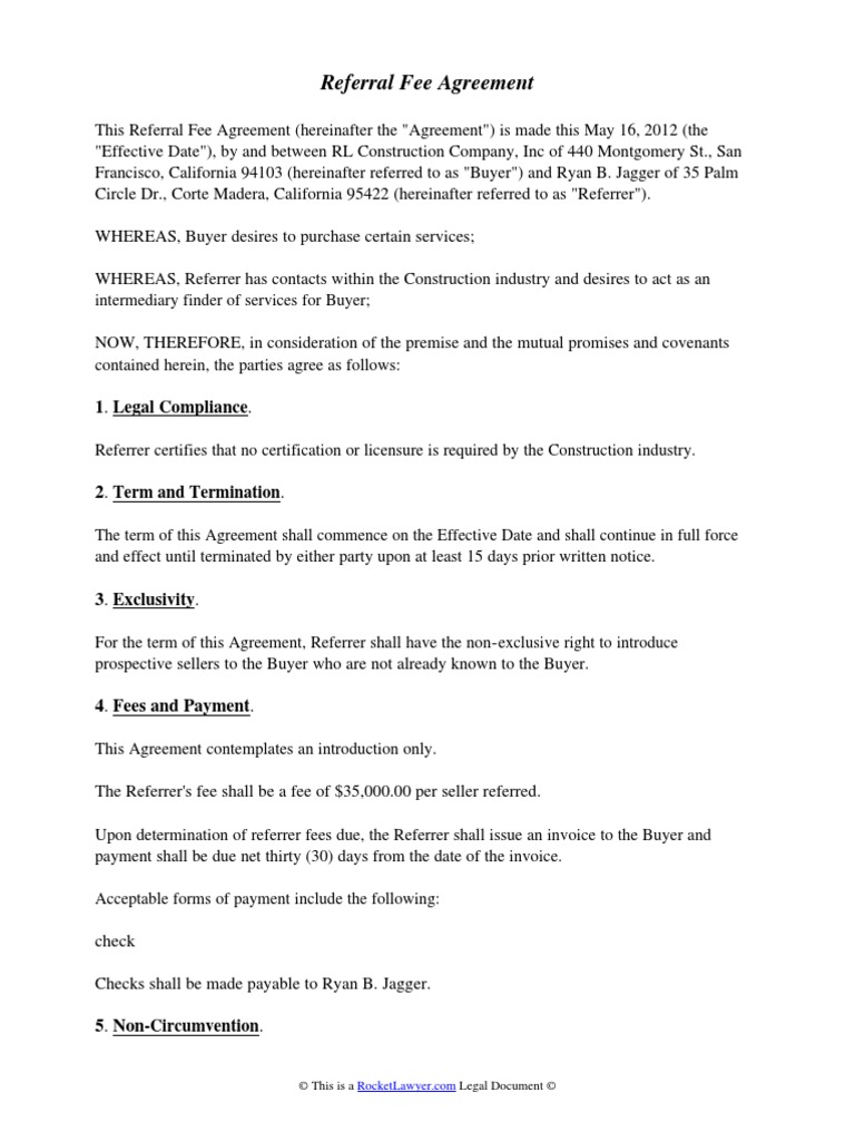 Construction Referral Fee Agreement | PDF | Civil Law (Legal System ...
