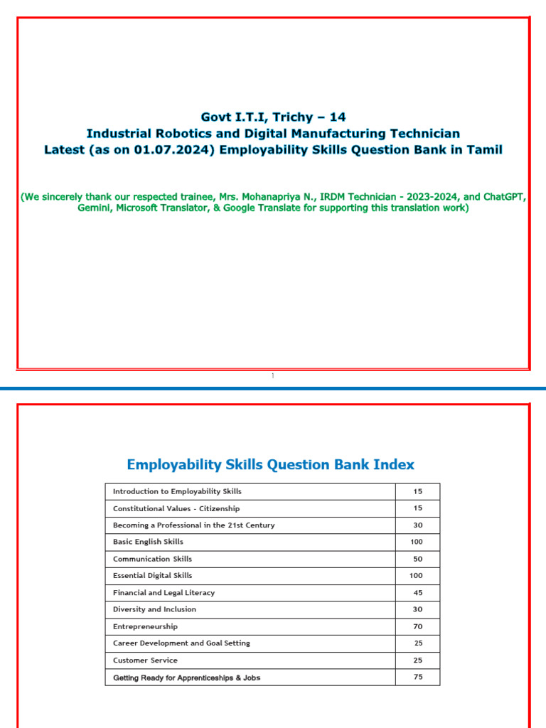 Employability Skills I Year Question Bank in Tamil | PDF