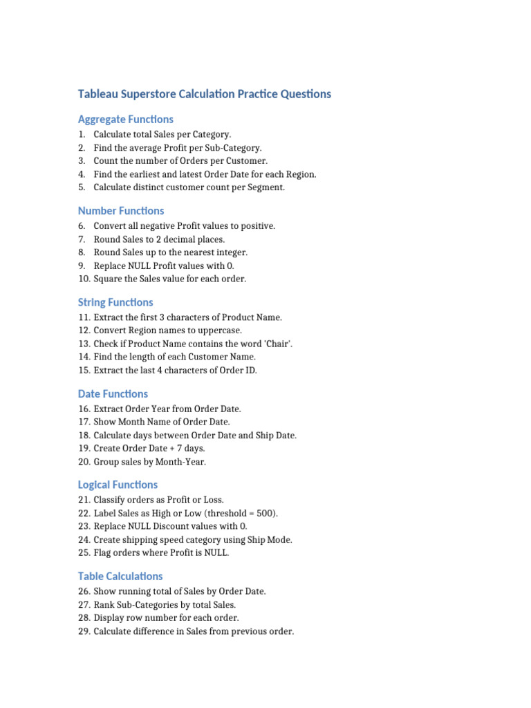 Tableau Superstore Calculation Questions | PDF | Percentile | Numbers