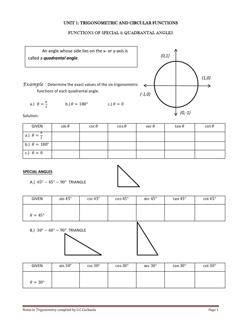 Unit 1 4 Functions of Special Angles | PDF | Trigonometry | Combinatorics