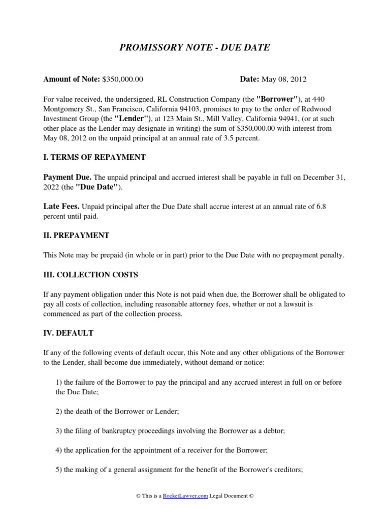 Promissory Note Due On A Specific Date | PDF | Promissory Note | Loans