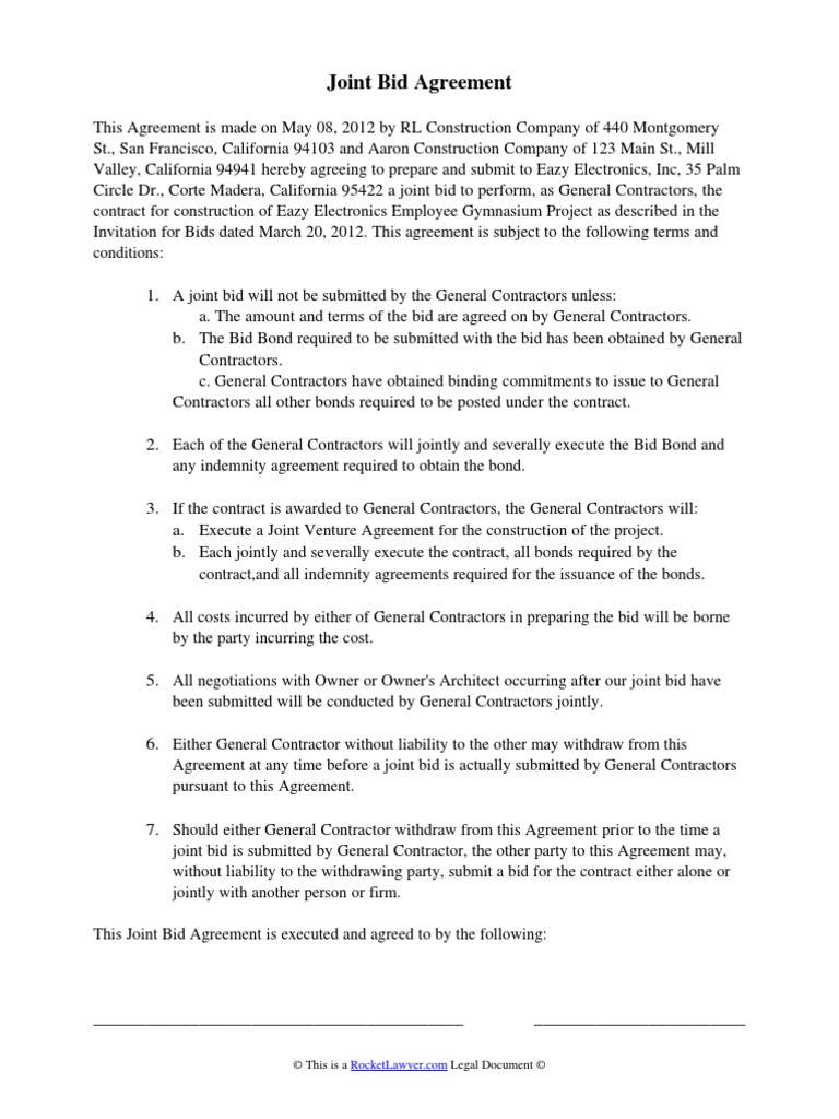 Joint Bid Agreement | PDF | General Contractor | Bonds (Finance)