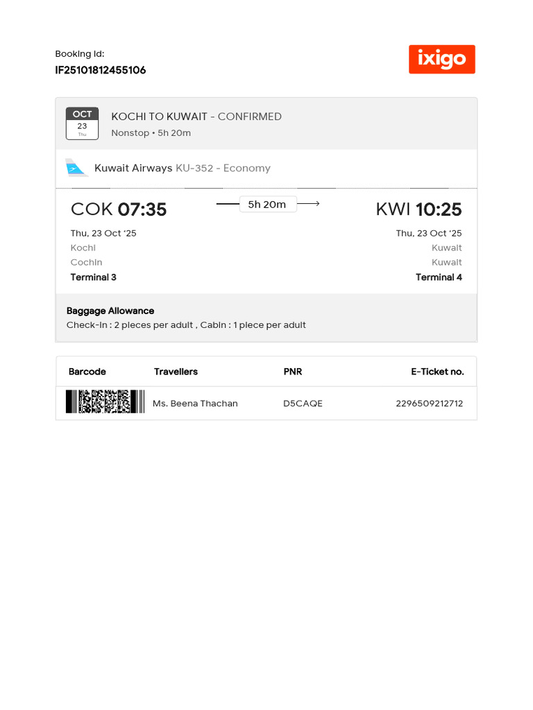 Kochi to Kuwait Flight Confirmation | PDF | Travel Visa