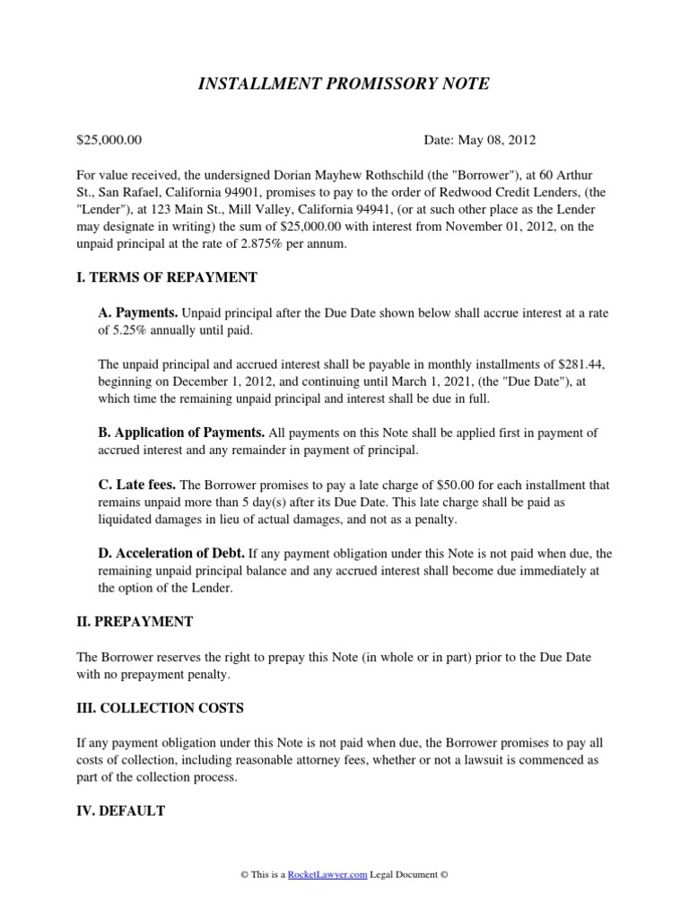 Promissory Note with Installment Payments | Debtor | Loans | Free 30 ...