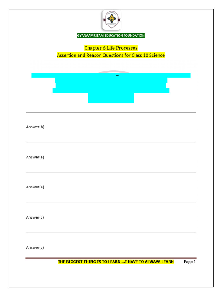 Class 10 Science Assertion-Reason Q&A | PDF | Digestion | Cellular ...