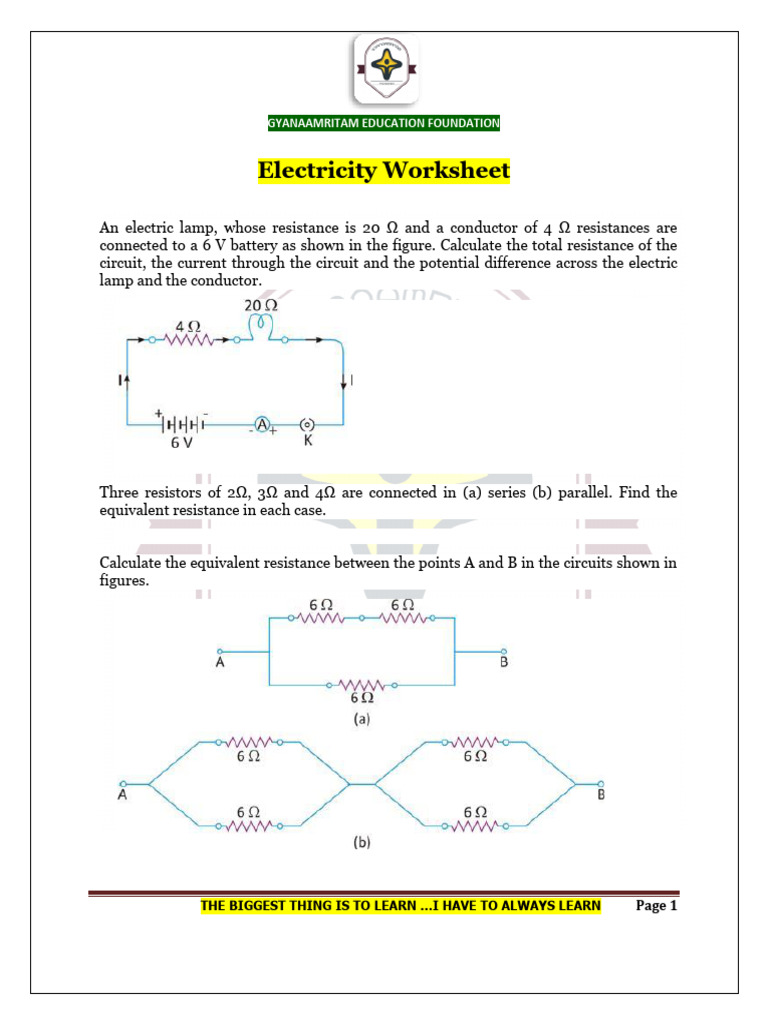 10th Science - Worksheet -Current Electricity Series and Parallel ...
