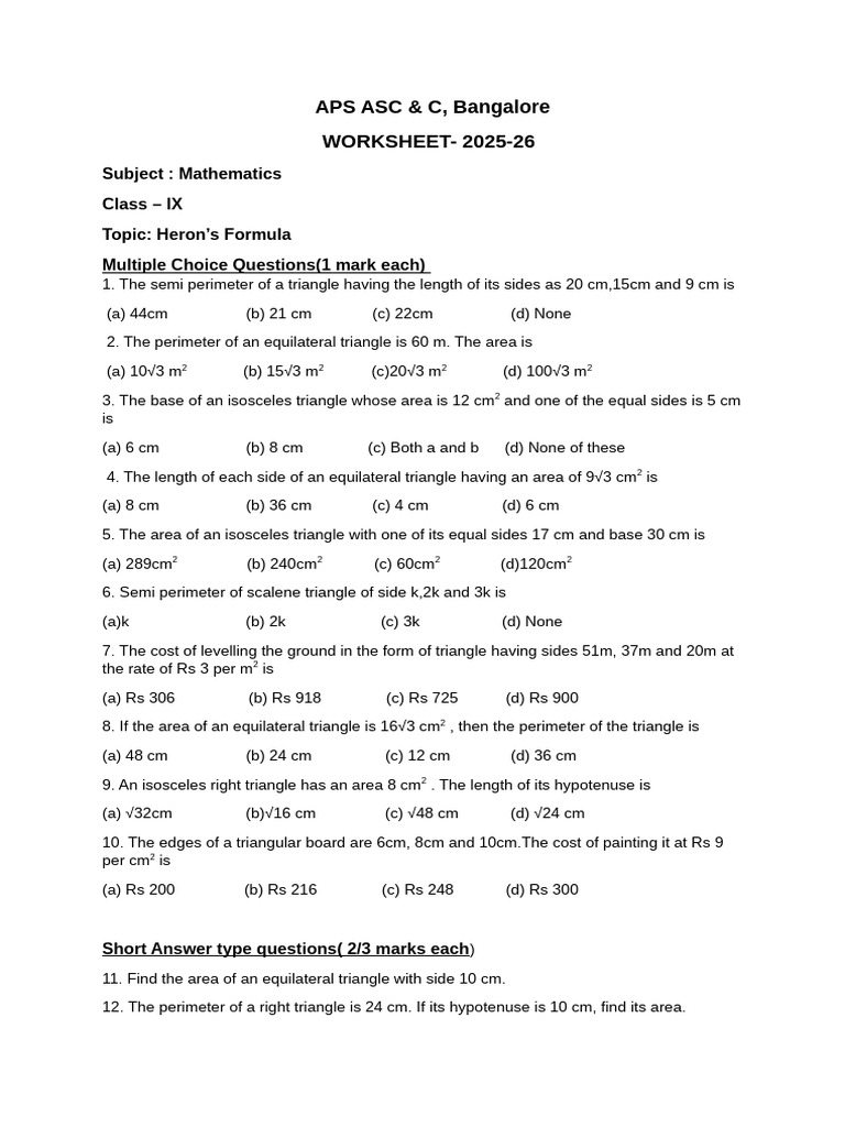 Worksheet CL 9 - Heron's Formula | PDF | Area | Triangle
