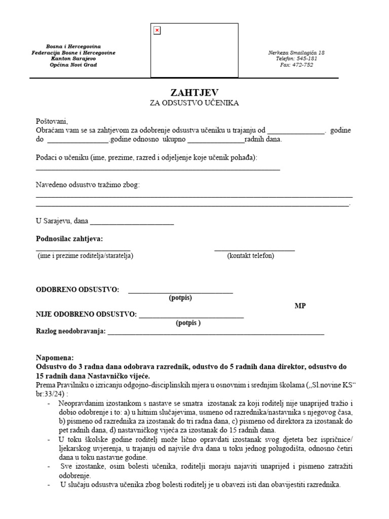 Zahtjev Za Odobrenje Odsustva Ucenika | PDF