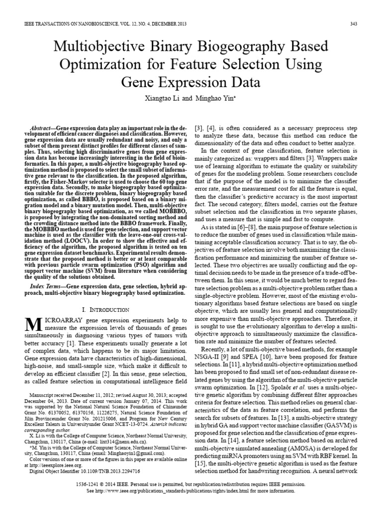 Multiobjective Binary Biogeography Based Optimization For Feature ...
