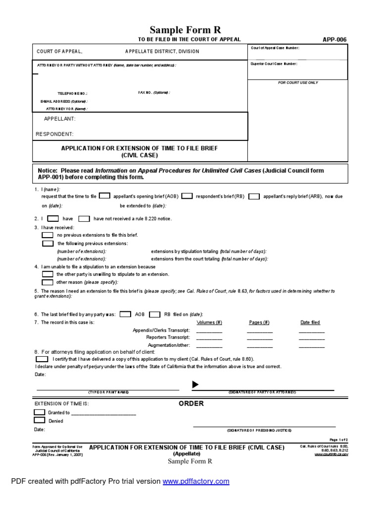 Appellate Court - California - Application to Extend Time to File Brief ...