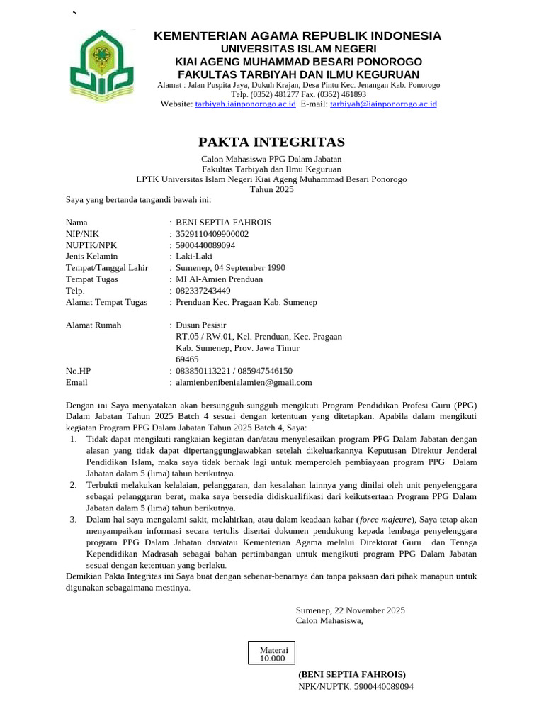 Pakta Integritas Calon Mahasiswa PPG 2025 | PDF