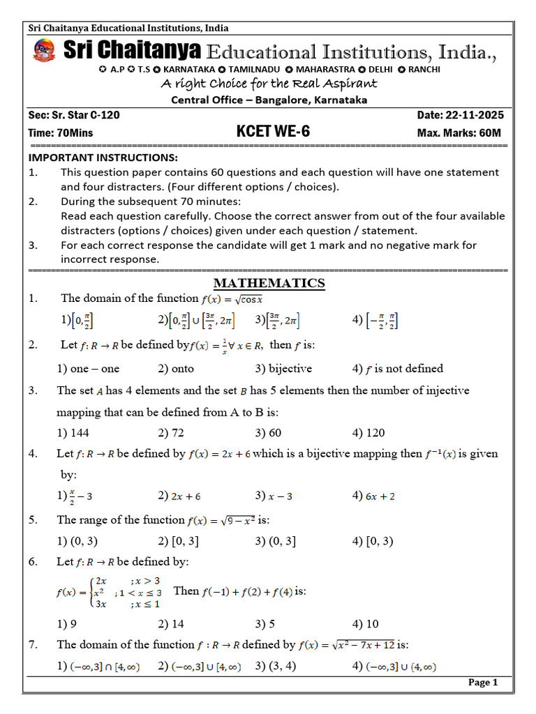 KCET Mathematics Question Paper 2025 | PDF | Function (Mathematics ...