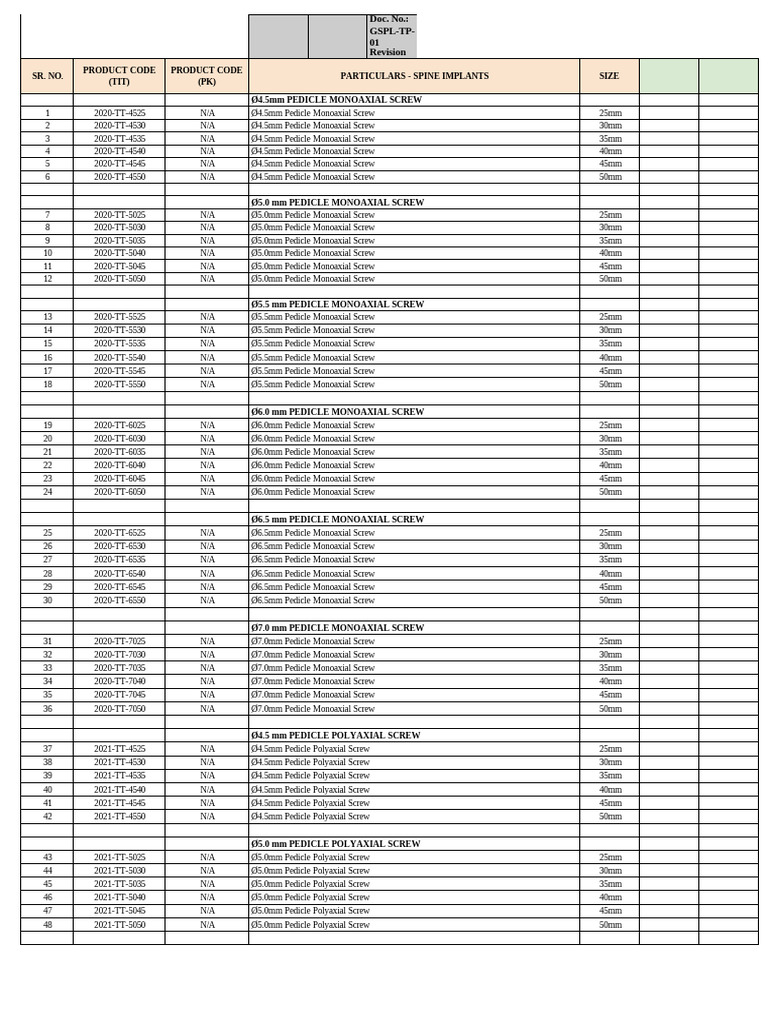 Spinal Implants - Price List GG | PDF | Musculoskeletal System ...