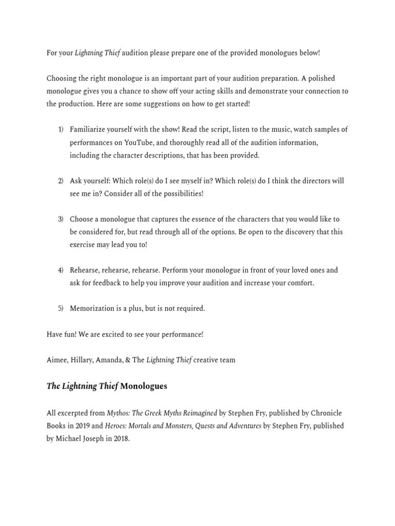 Lightning Thief Audition Monologue Guide | PDF | Medusa | Zeus