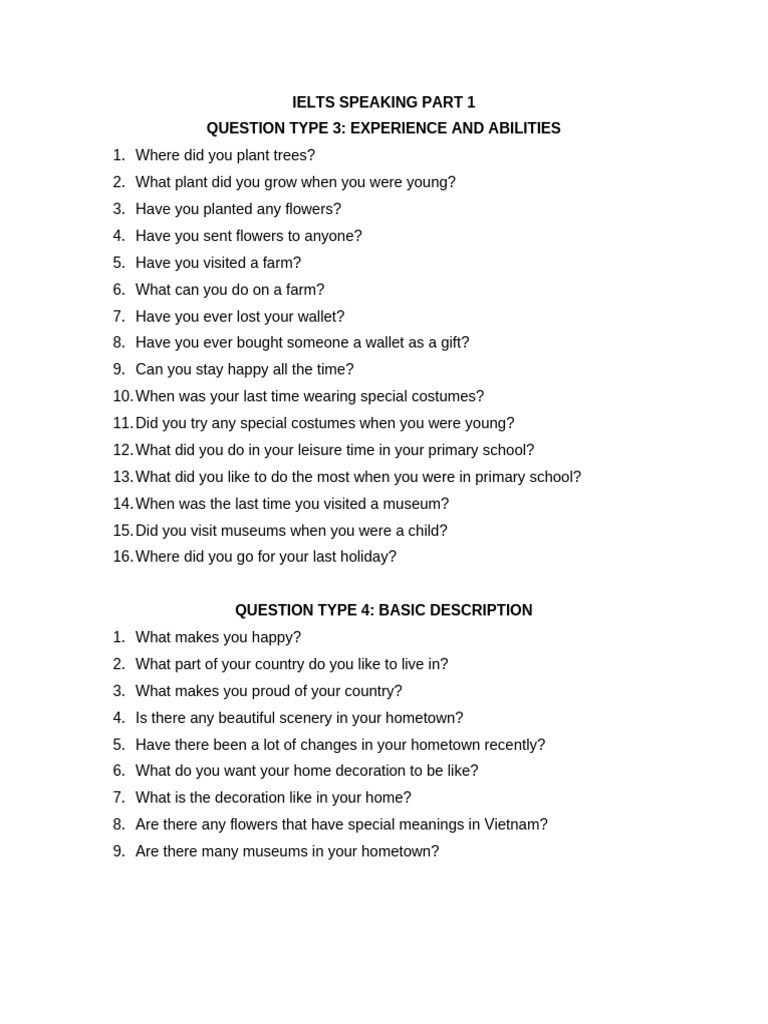 IELTS Speaking Part 1: Experience & Description | PDF