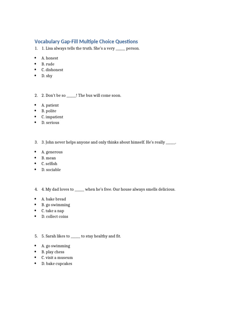 Vocabulary Gap-Fill Quiz Questions | PDF