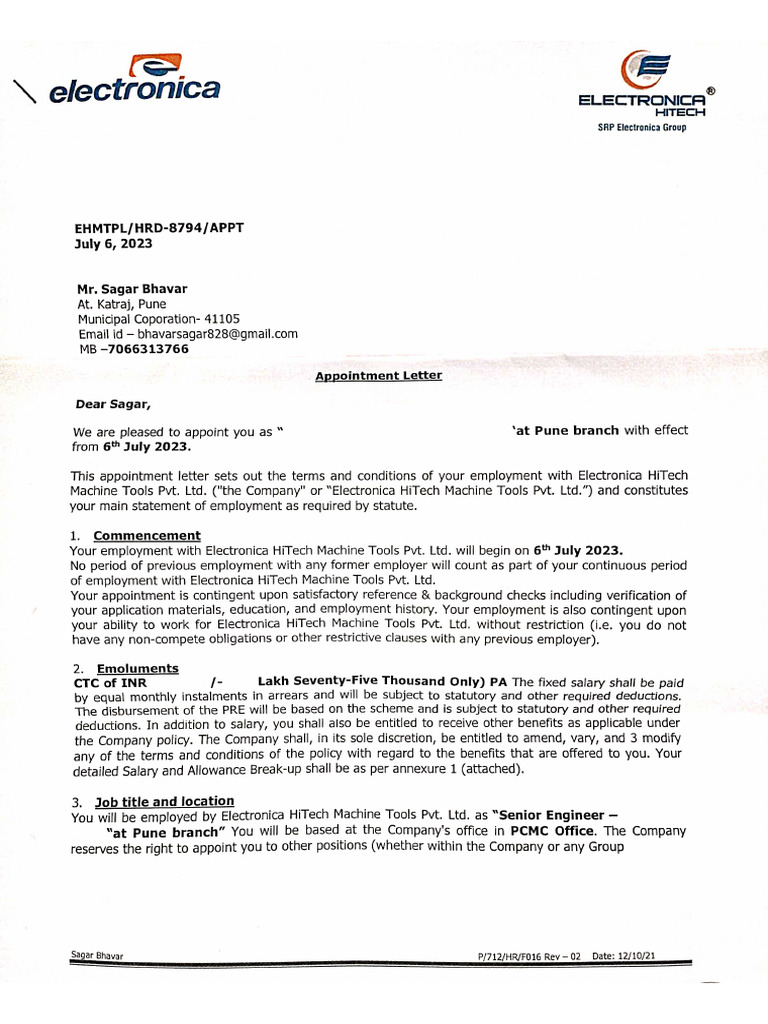 Electronica Appointment Letter | PDF