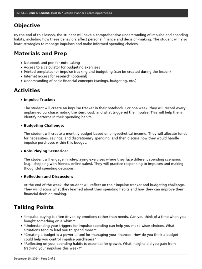 Learning Corner Lesson Plan 2024-12-18 Impulse and Spending Habits ...