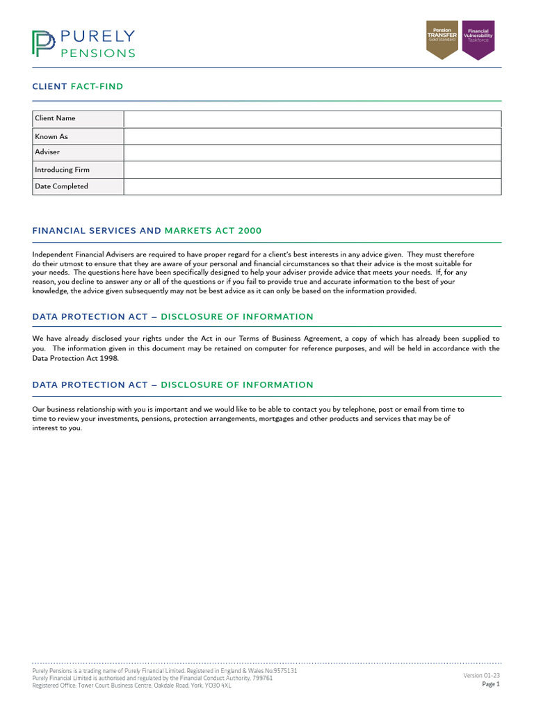 3.purely Pensions - Fact-Find V1-23 | PDF | Risk | Investing