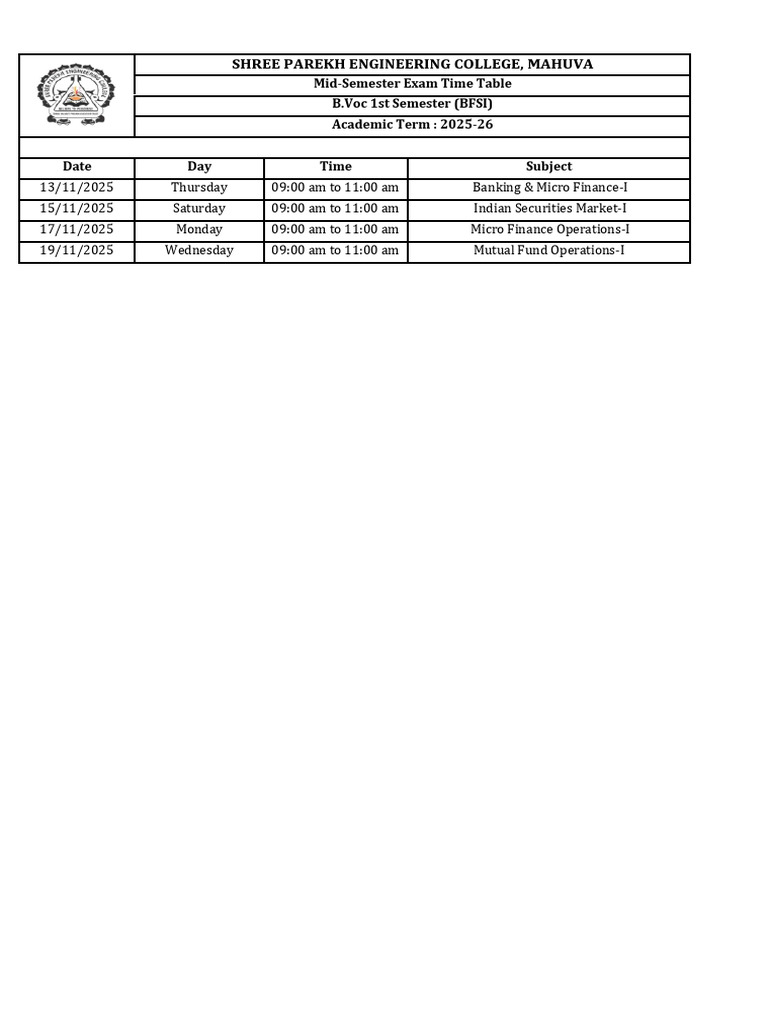 Mid Exam Time Table | PDF