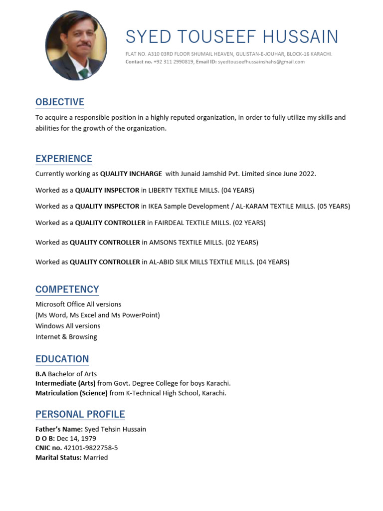 Touseef Hussain Cv (Textile) | PDF