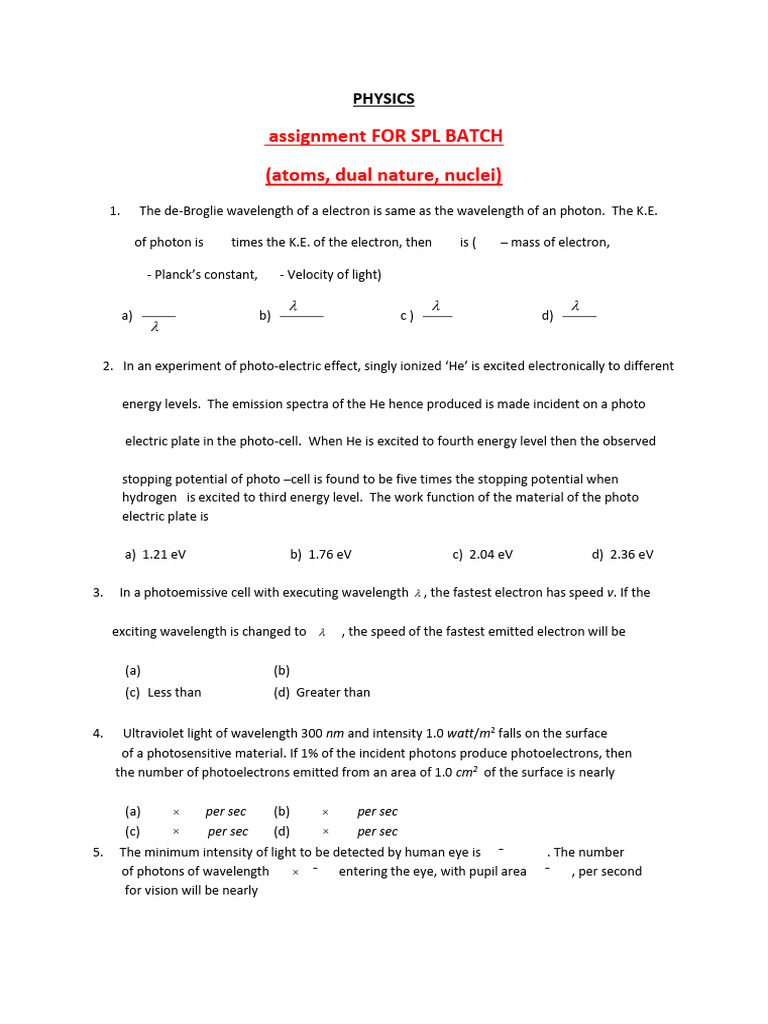 Physics Work Sheet for Spl Batch | PDF | Radioactive Decay | Nuclear Fission