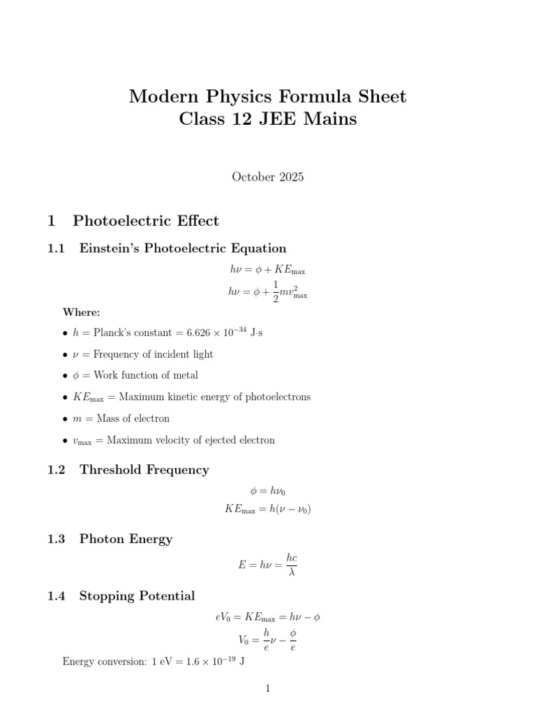 Modern Physics Formula SheetClass 12 JEE Mains | PDF | Electronvolt ...