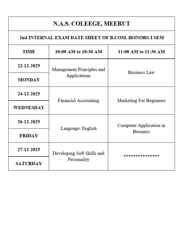 2nd Internal Date Sheet B, Com. Honors I Sem 2025-26 | PDF