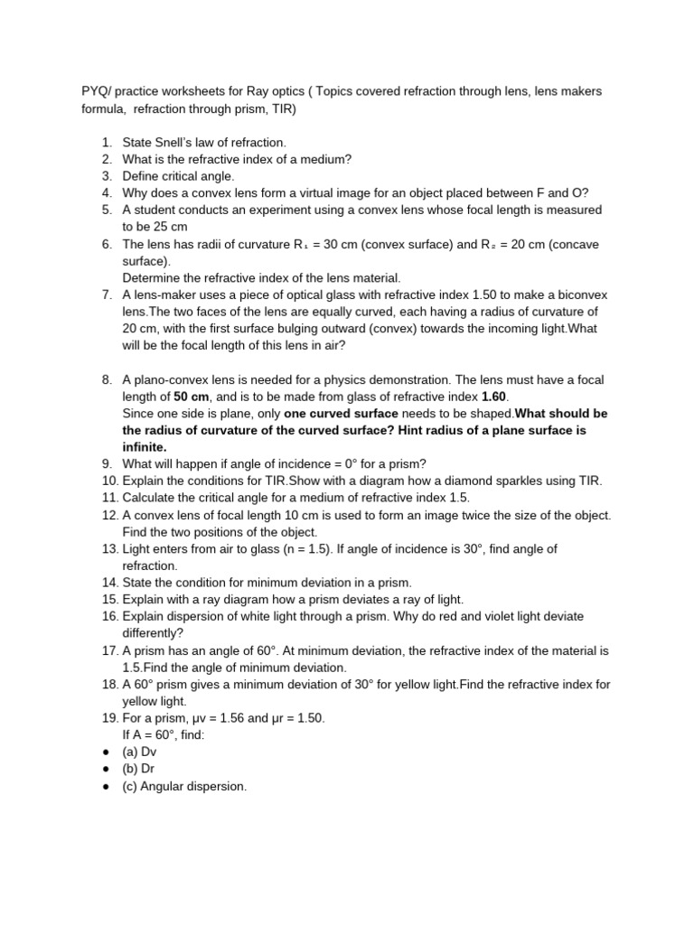 Ray Optics Practice Worksheets | PDF