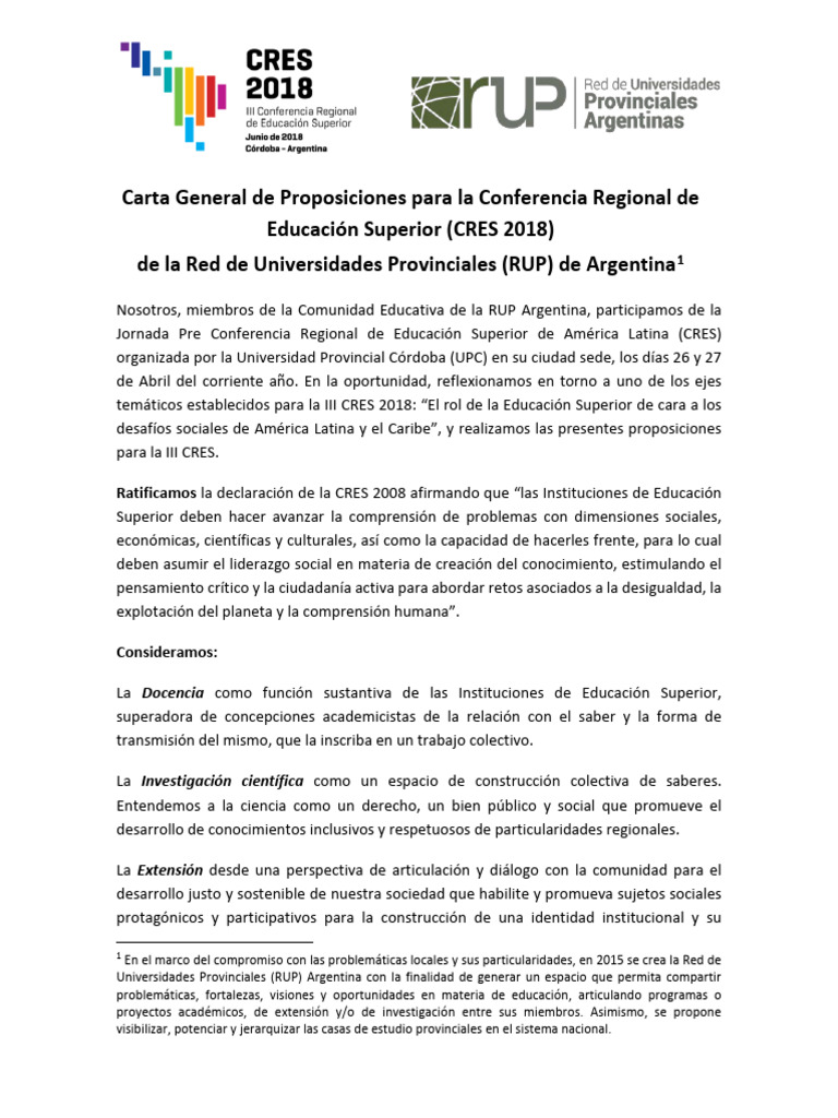 Carta General de Proposiciones RUP-CRES 2018 - VF | PDF | Institución ...