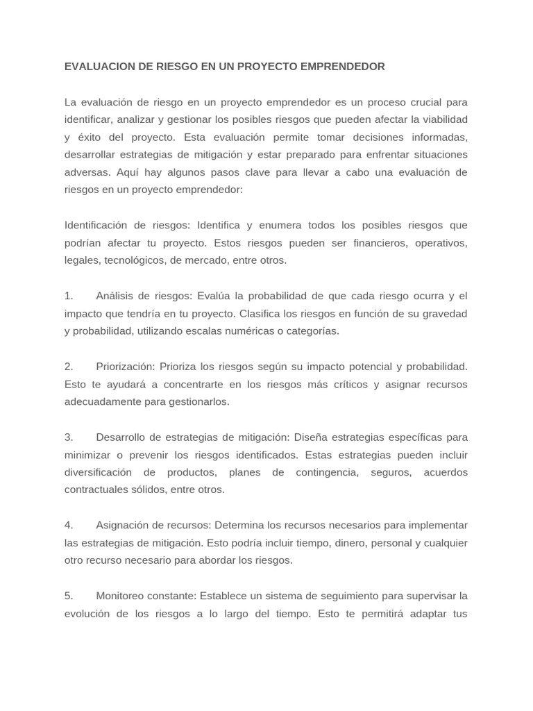 Tema Vi Evaluacion de Riesgo en Un Proyecto Emprendedor | PDF ...