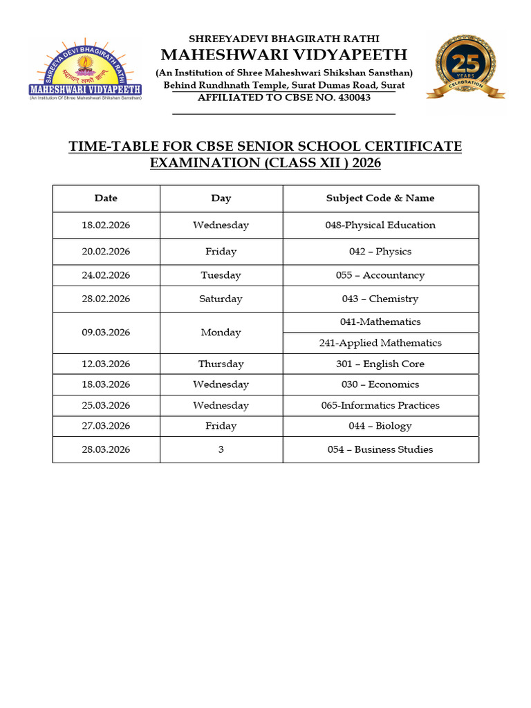 CBSE Class XII Exam Timetable 2026 | PDF
