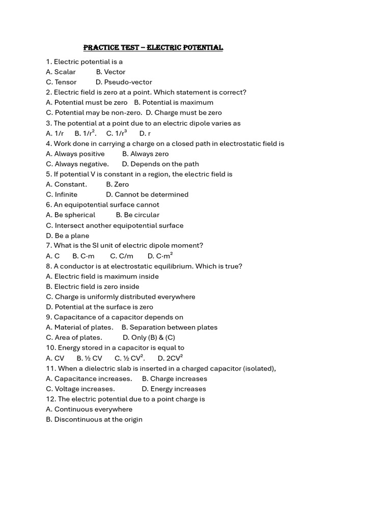Practice Test Electric Potential | PDF | Capacitance | Capacitor