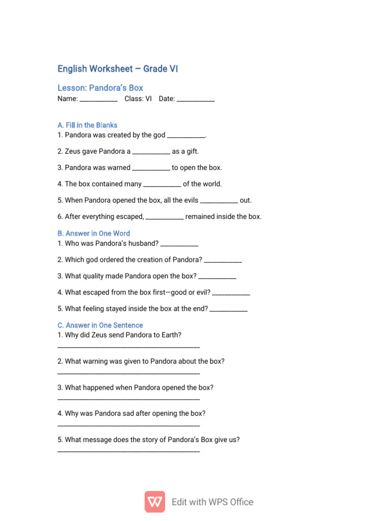 Pandoras Box Worksheet Grade VI | PDF