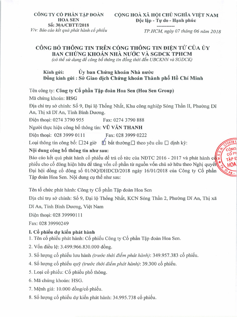 CBTT30A Bao Cao Ket Qua Phat Hanh Co Phieu de Tra Co Tuc | PDF