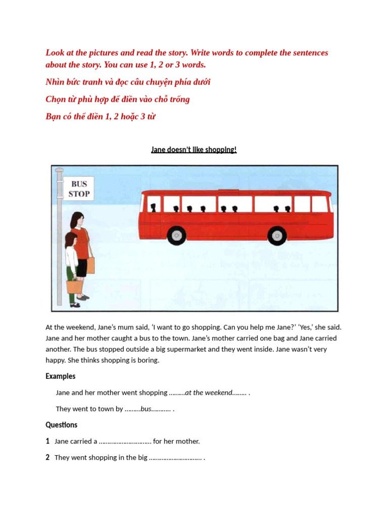 Complete the Story: Jane's Shopping Trip | PDF