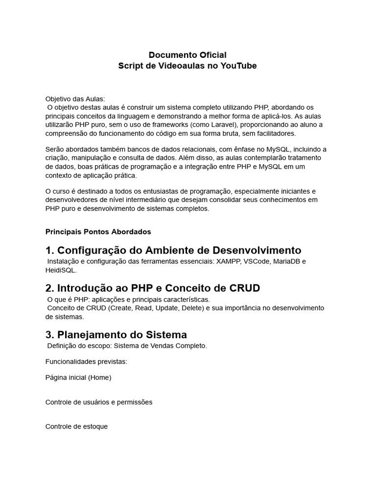 Documento Script VideoAulas | PDF | Php | Model-View – Controller (MVC)