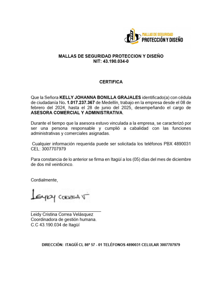 Carta Laboral - Kelly Bonilla | PDF