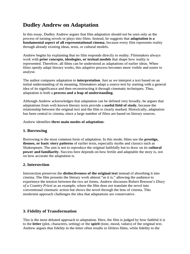 Dudley Andrew on Adaptation | PDF | Idea | Narrative